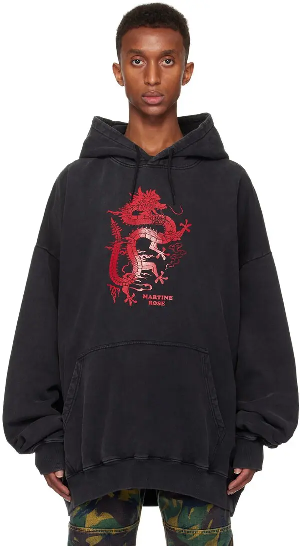Martine Rose Black Oversized Hoodie In Black Washed Dragon